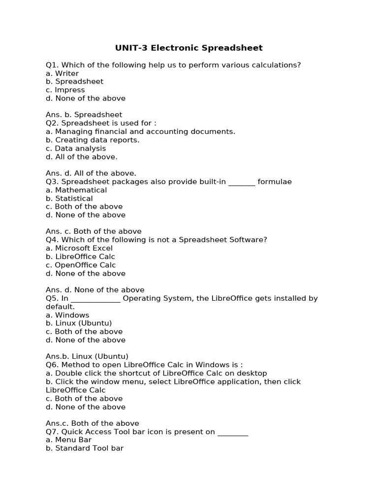 Electronic Spreadsheet Basics MCQs | PDF | Spreadsheet | Software
