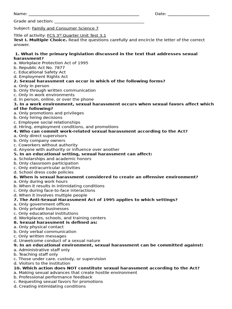FCS-8-Unit-Test-1 | PDF | Sexual Harassment