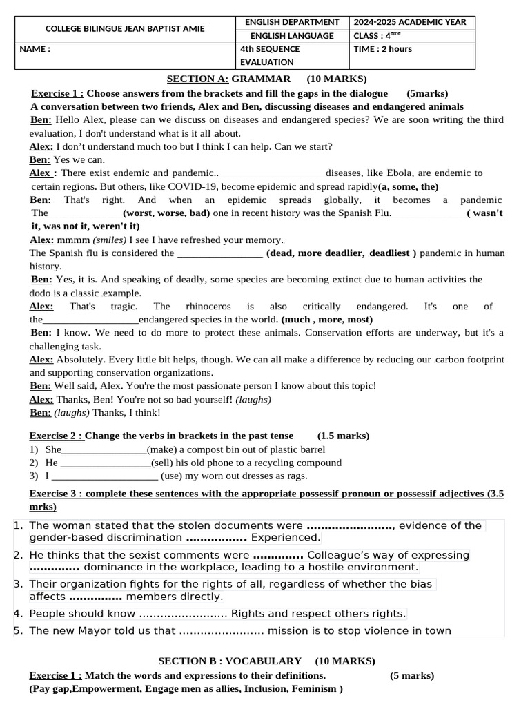 4e ANGLAIS 4eme Sequence | PDF | Violence | Sexism