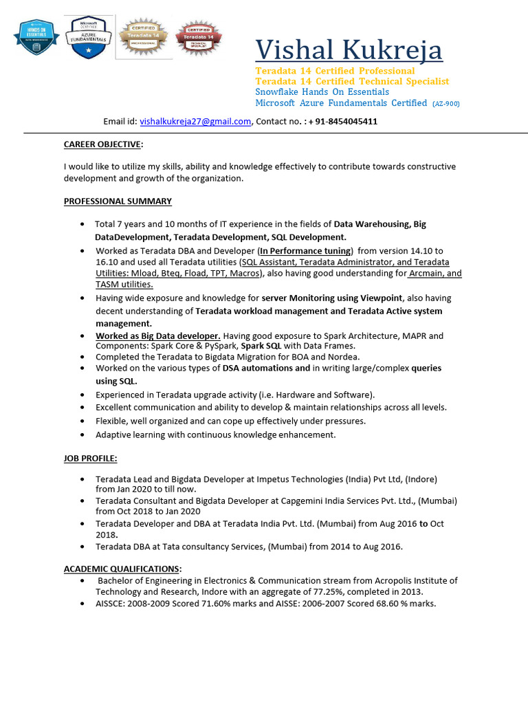 Vishal Kukreja Resume R175535 | PDF | Apache Spark | Databases