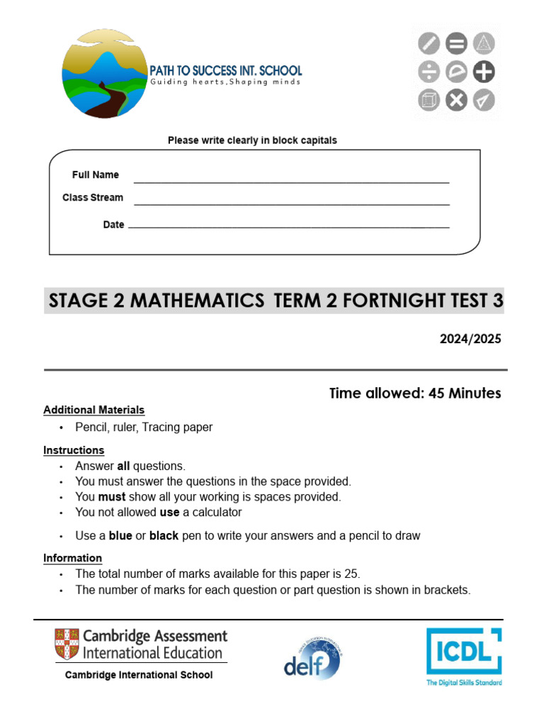 Grade 2 Cambridge Maths Test Paper | PDF | Symmetry | Shape