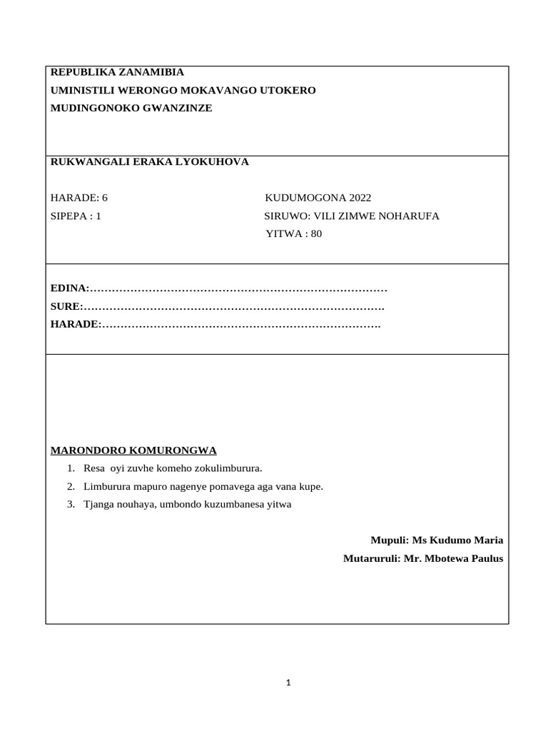 Rukwangali Harade 6 Paper 1 | PDF | Language Families | Languages Of Africa