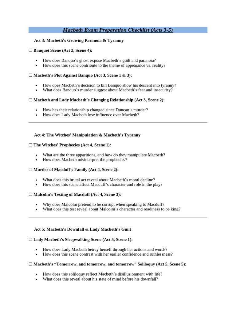 Macbeth Exam Preparation Checklist | PDF | Macbeth | Shakespearean Tragedies