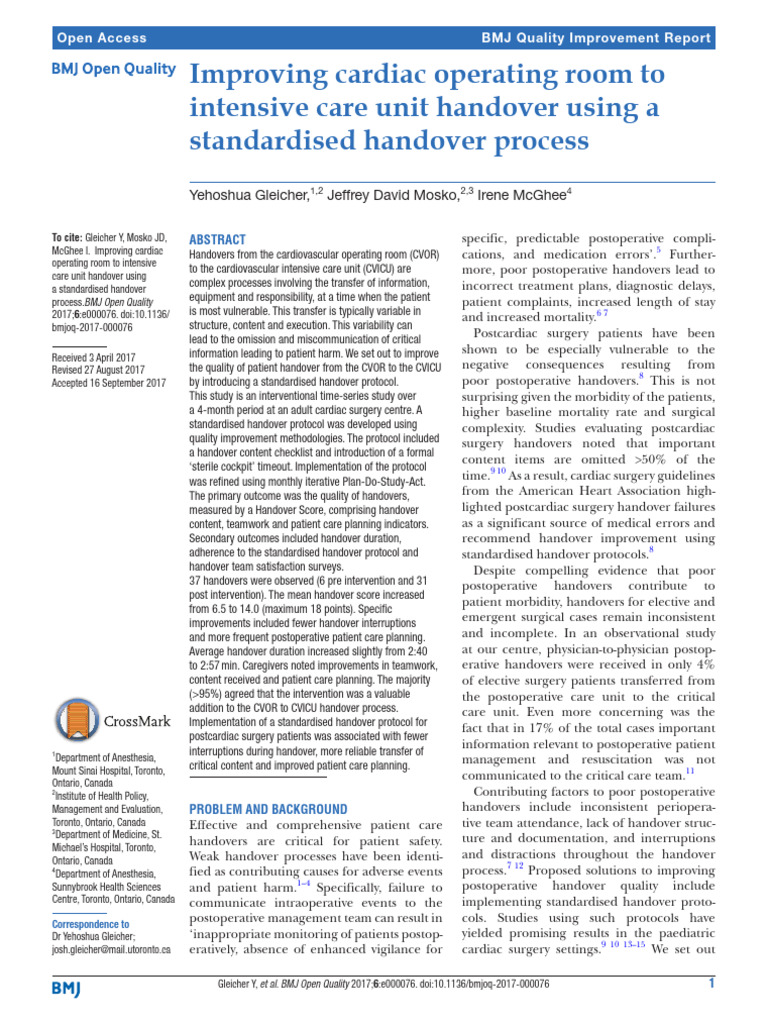 Standardized Handover in Cardiac Care | PDF | Intensive Care Unit ...