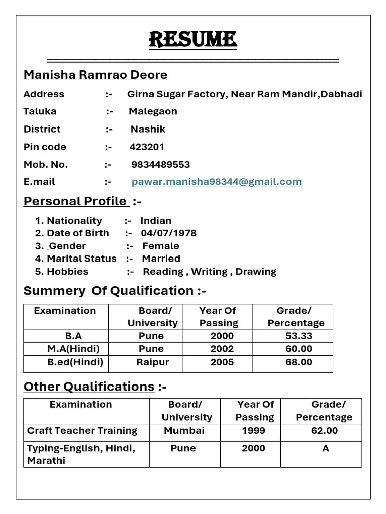 Resume Manisha Ramrao Deore 98 | PDF | Human Communication