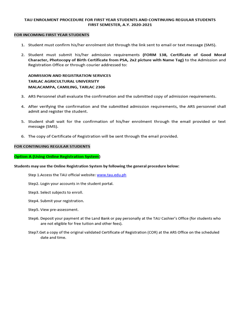 Enrolment Procedure For First Year Students and Continuing Regular ...