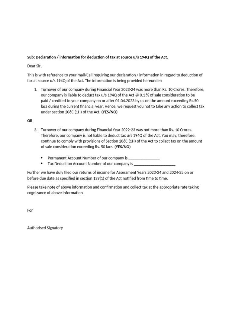 Tax Deduction Declaration u/s 194Q | PDF