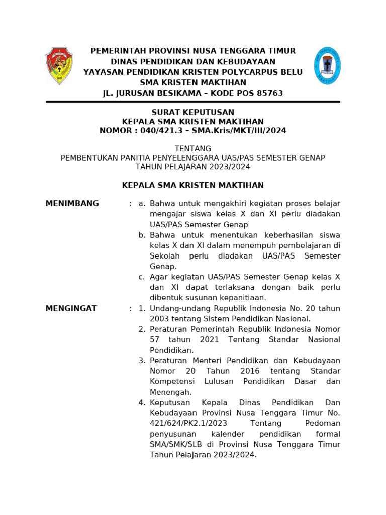 SK Panitia Uas Genap 2024 | PDF