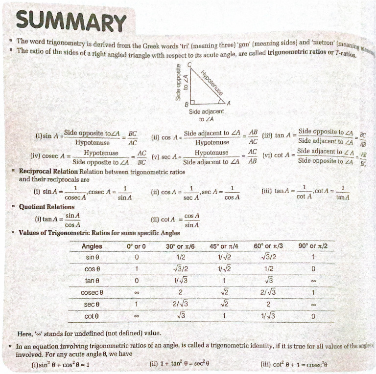Class 10 Maths Trigonometry BEST Summary | PDF