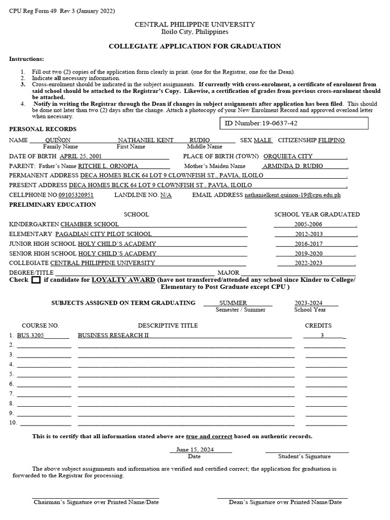 Graduation Application Form Sample | PDF