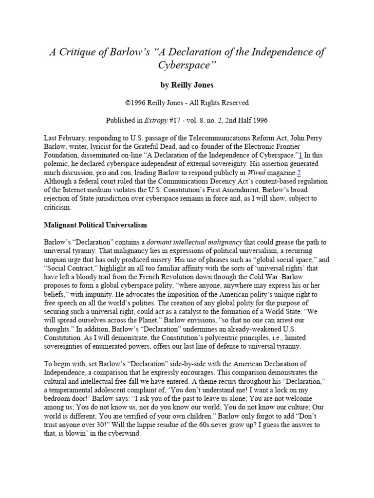 Barlow-Declaration-Critique by Jones | PDF | Cyberspace | Sovereignty