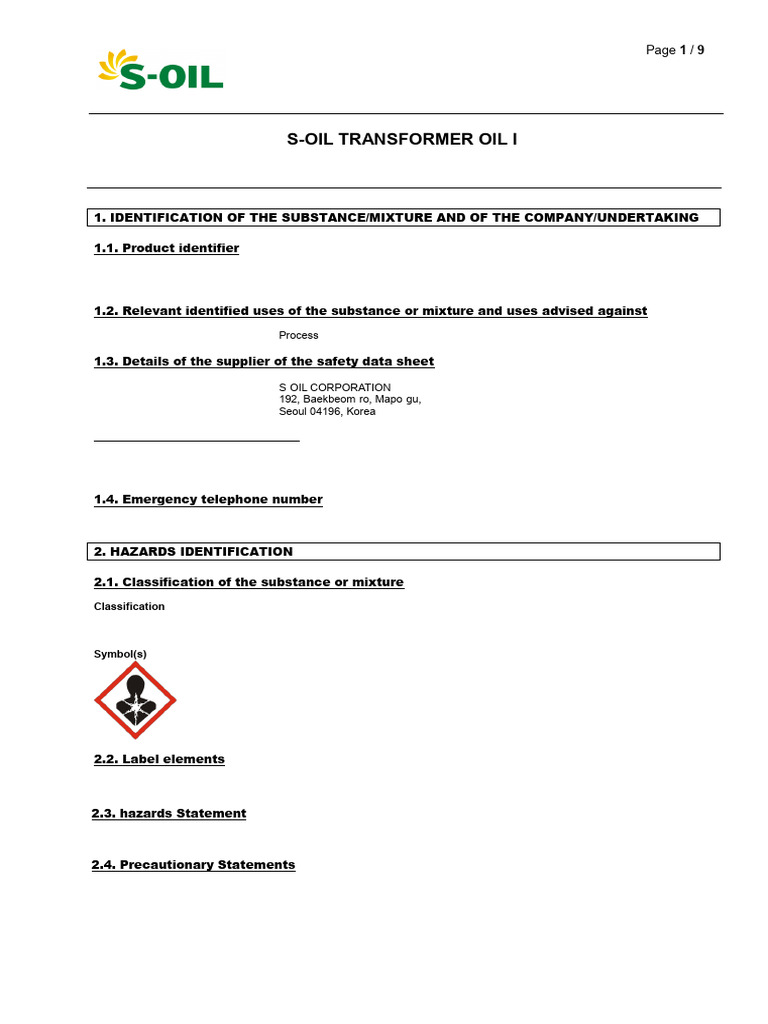 S-Oil+transformer+oil MSDS | PDF | Toxicity | Waste Management