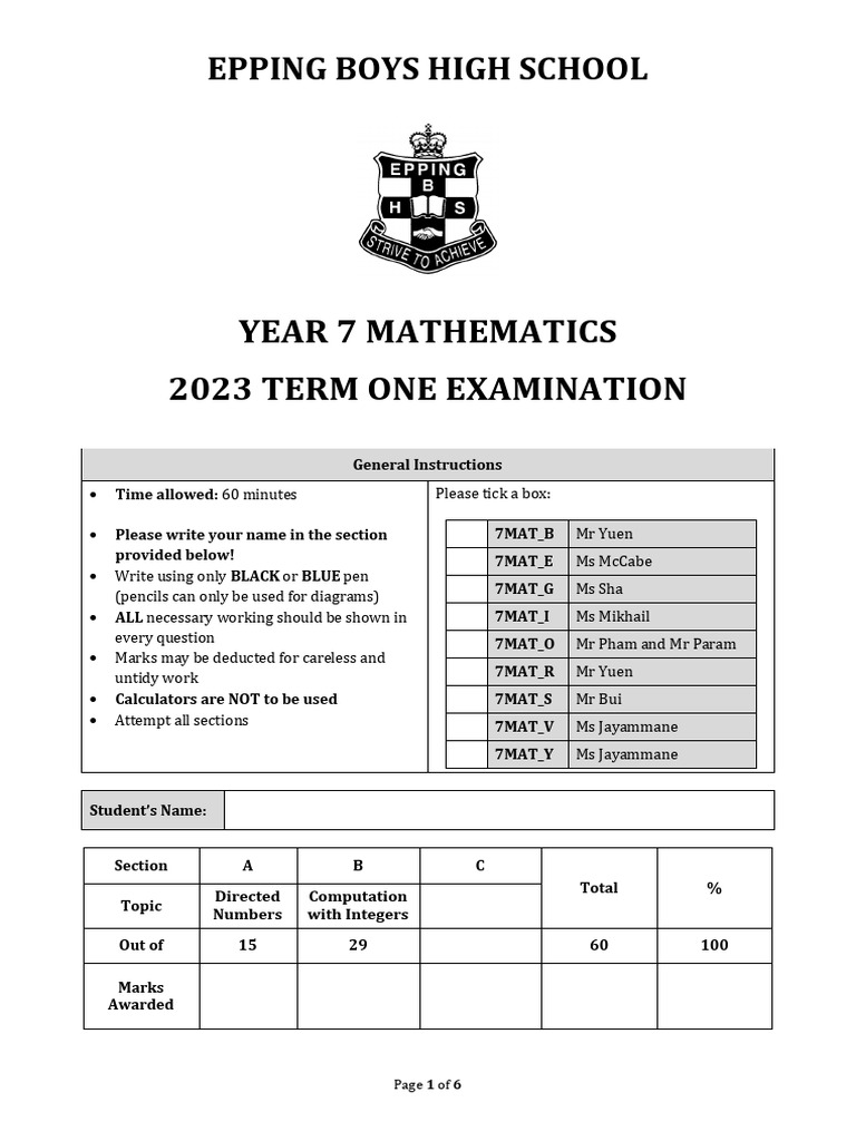 2023 Yr7 T1 Exam Modified-2 | PDF | Mathematics