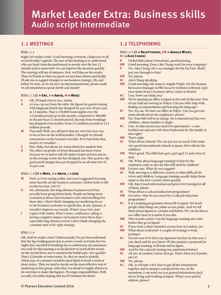 Market Leader Extra Intermediate Business Skills Audio Script | PDF