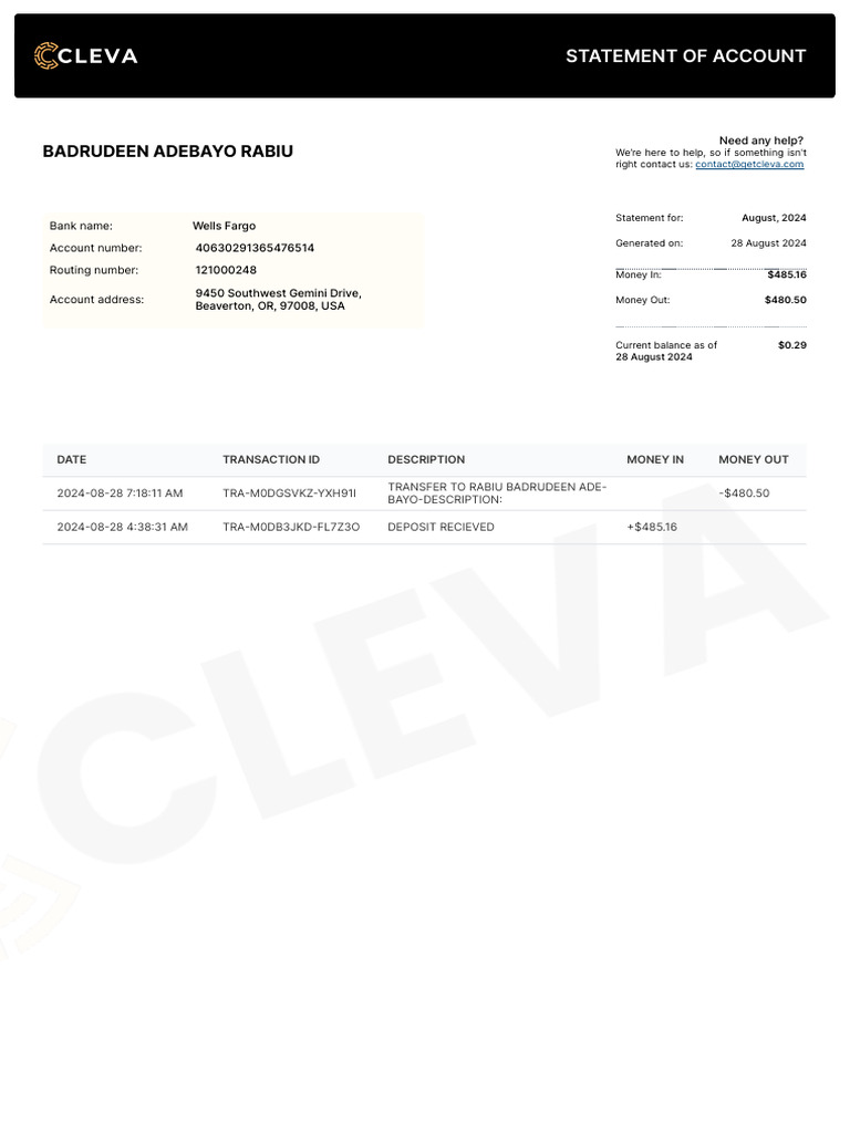 Cleva Statement August 2024 | PDF