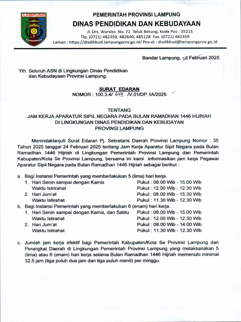 Surat Edaran Jam Kerja BLN Ramadhan | PDF