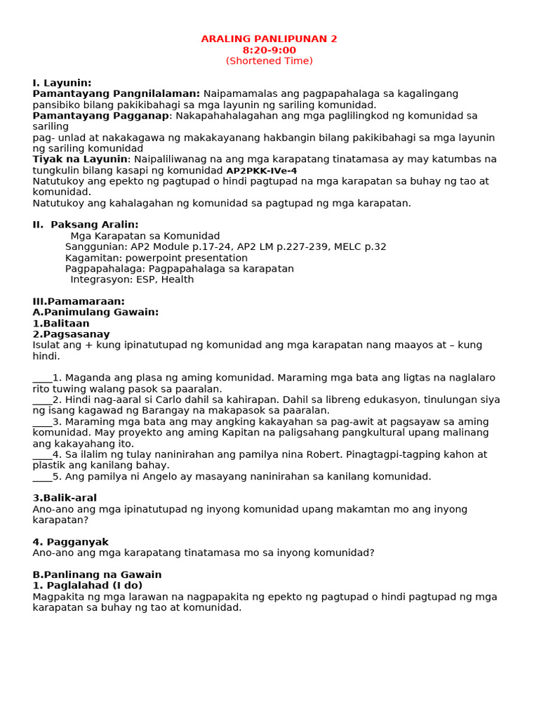 I. Layunin: Pamantayang Pangnilalaman: Pamantayang Pagganap: Araling Panlipunan 2 8:20-9:00 | PDF