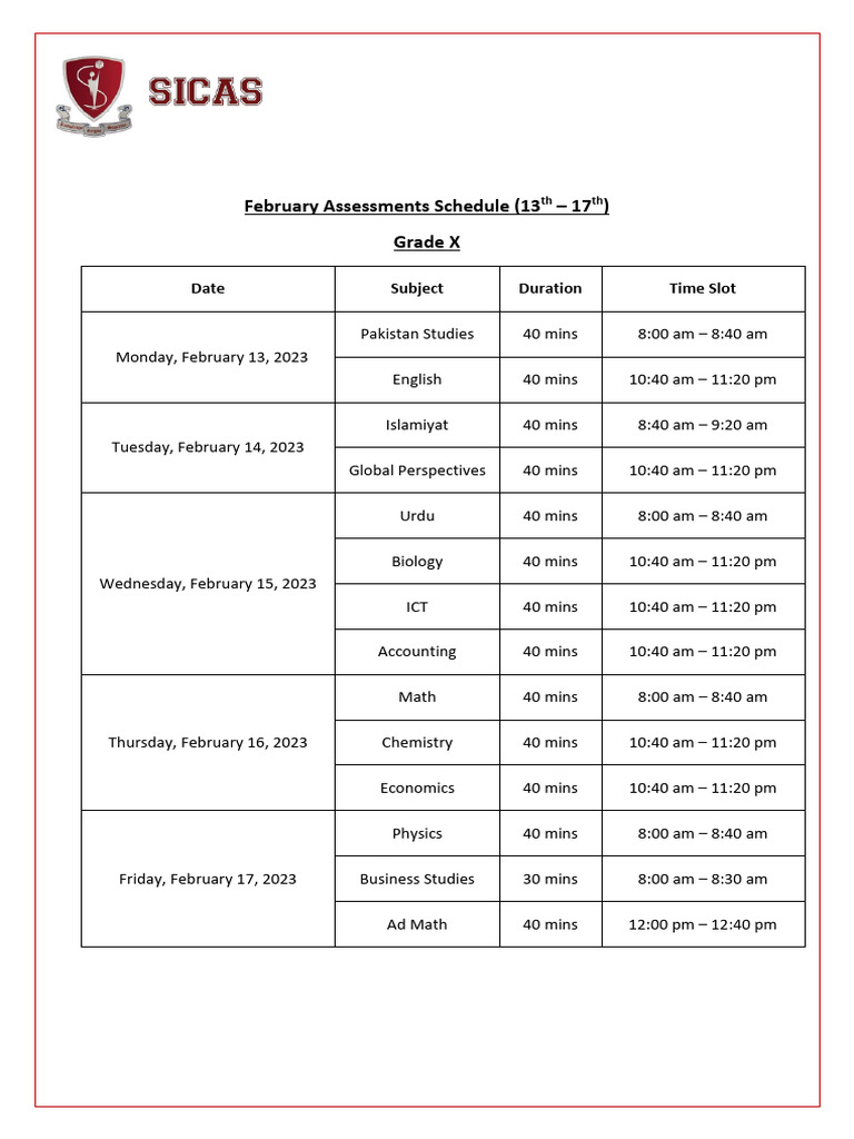February Monthly Test Schedule - Xu | PDF