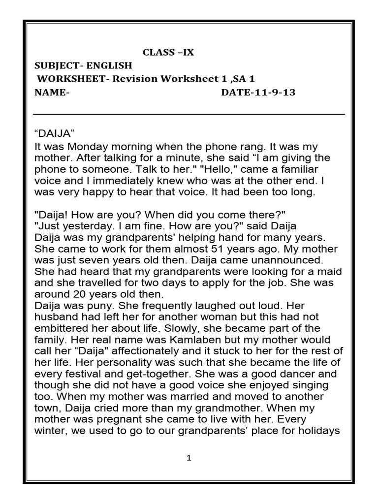 English Revision Worksheet for Class IX | PDF