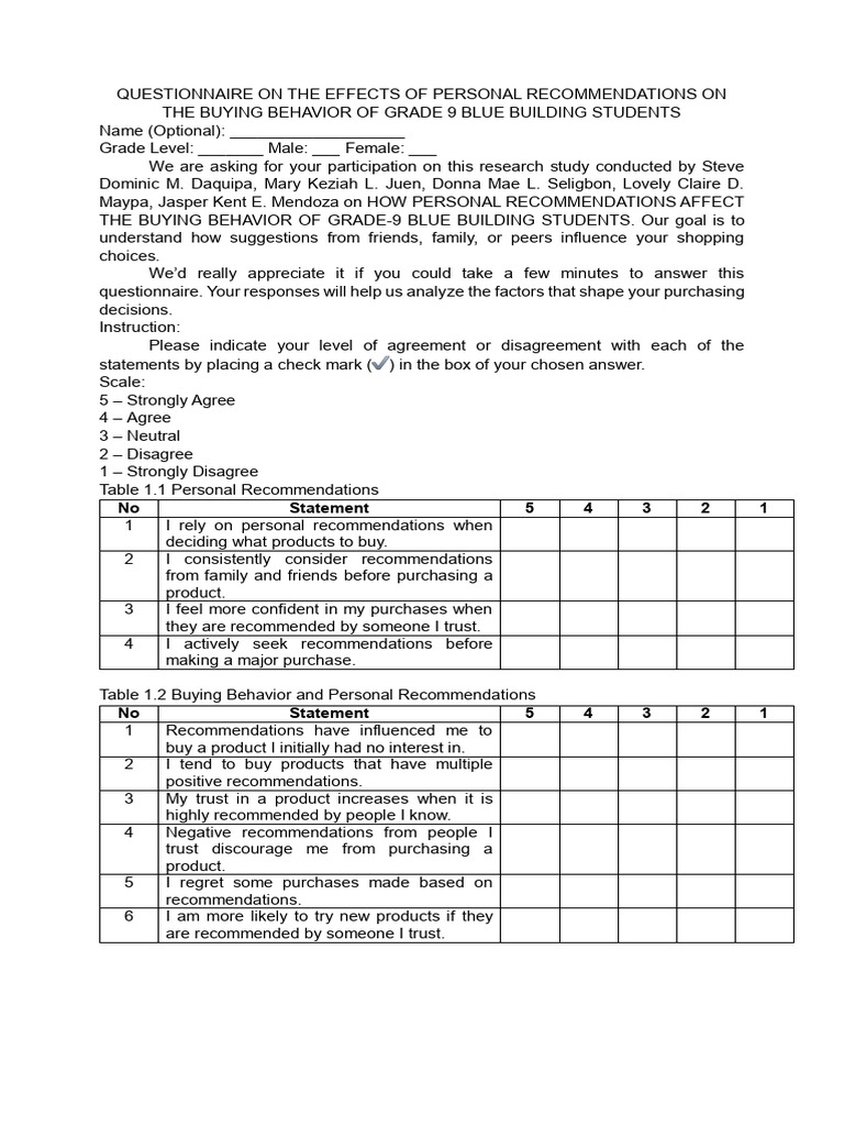Questionnaire On The Effects of Personal Recommendations On The Buying ...