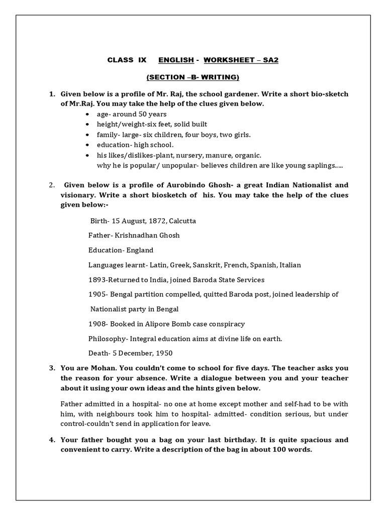 Class IX English Writing Worksheet | PDF | Natural Environment