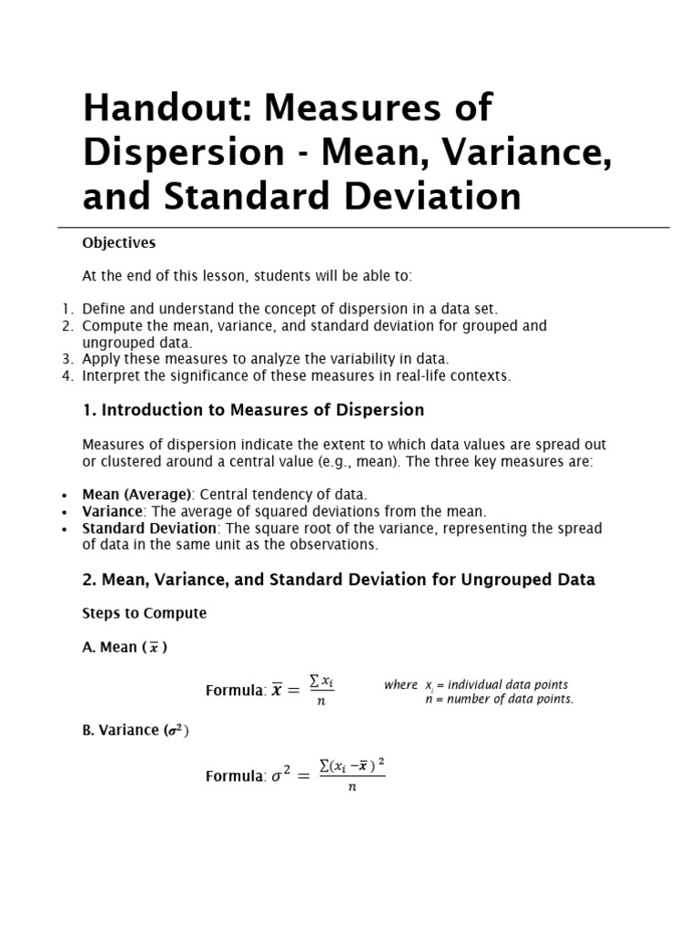 Measures of Dispersion: Mean, Variance, SD | PDF | Variance | Standard ...