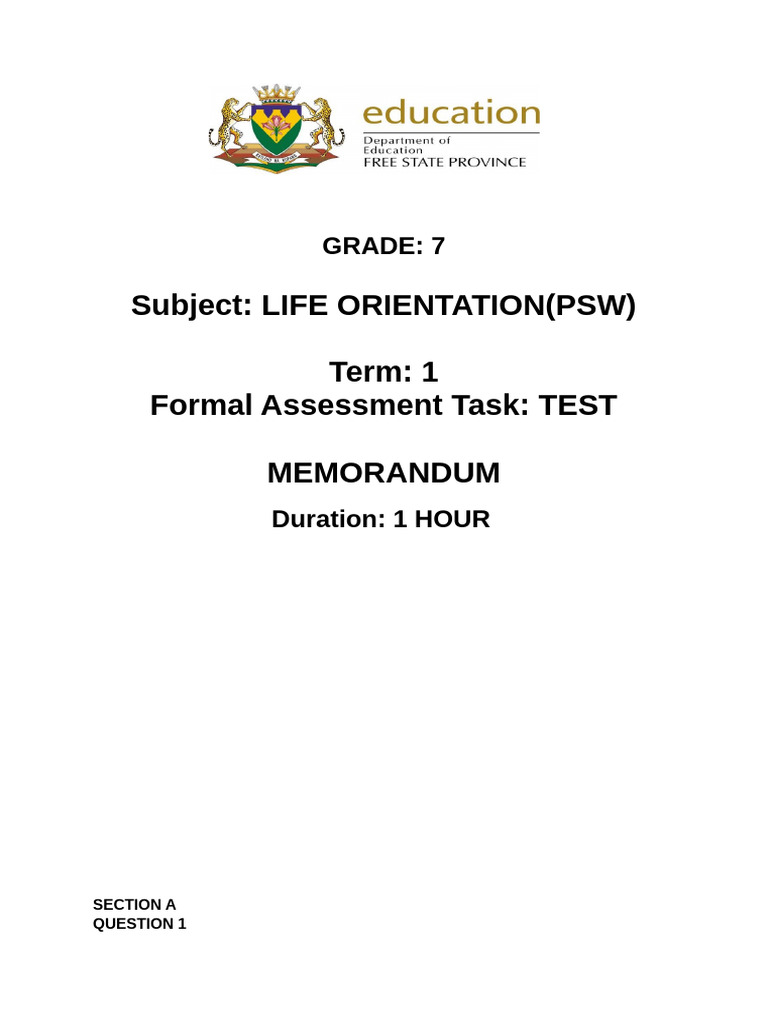 7th Grade Life Orientation Test Memo | PDF | Puberty | Bullying