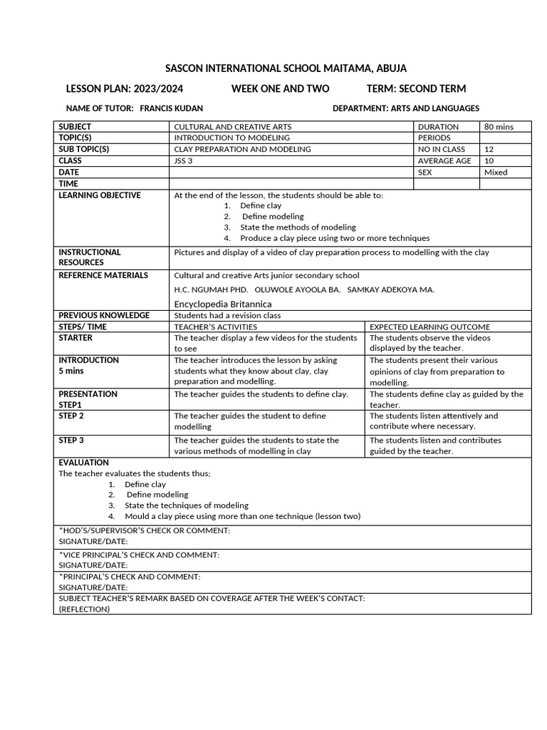 JSS 3 Cultural Arts Lesson Plans 2023 | PDF | Teachers | Lesson Plan