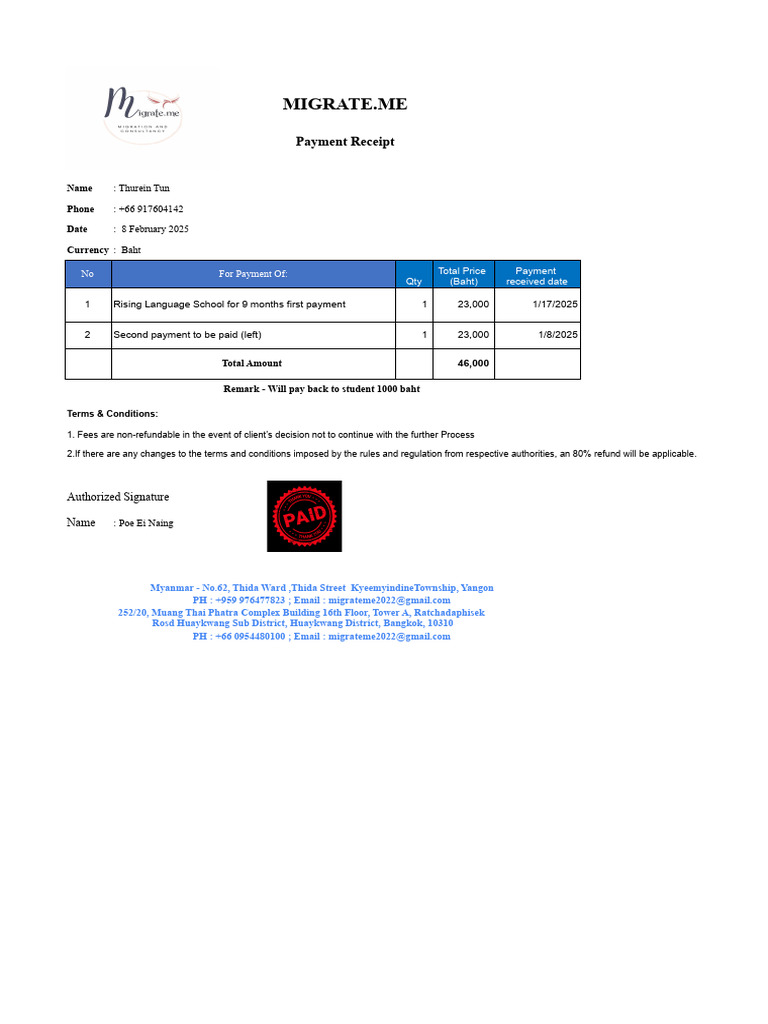 Receipt For Thurein Tun (Second Payment) .XLSX - Rising | PDF
