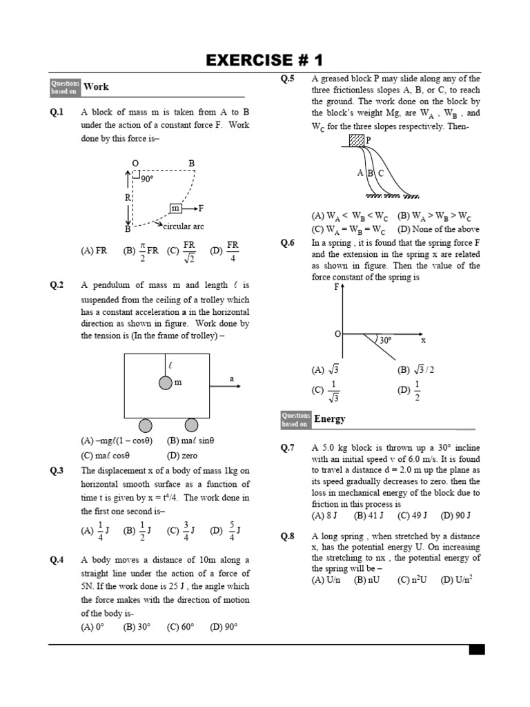 Work, Power & Energy Exercise | PDF | Force | Mass