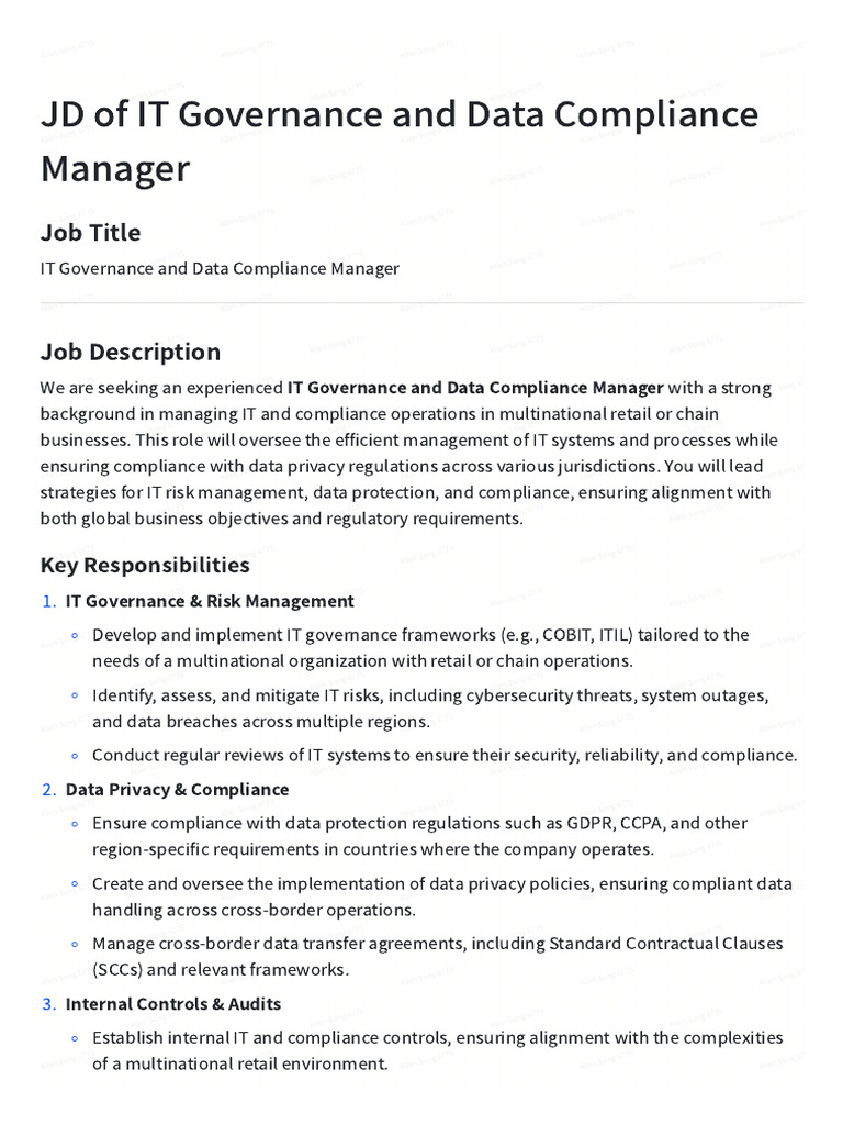 JD of IT Governance and Data Compliance Manager | PDF | Regulatory ...