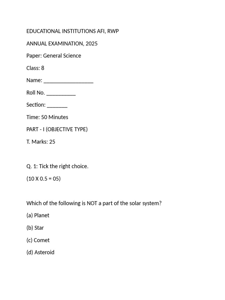 8th Class General Science Paper | PDF | Atmosphere Of Earth | Physical ...