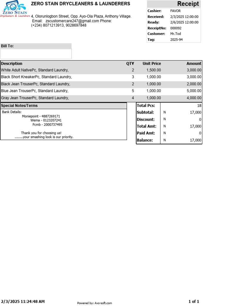 Laundry Receipt for Jean Trousers | PDF | Laundry | Cleaning