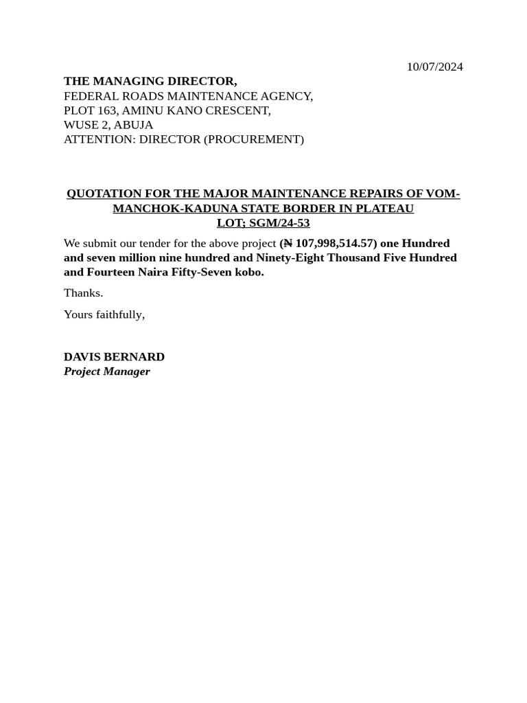 Quotation for Major Road Repairs in Plateau | PDF