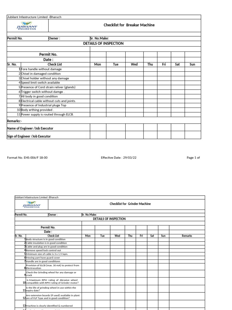 Breaker Machine Checklist | PDF | Tools | Electricity