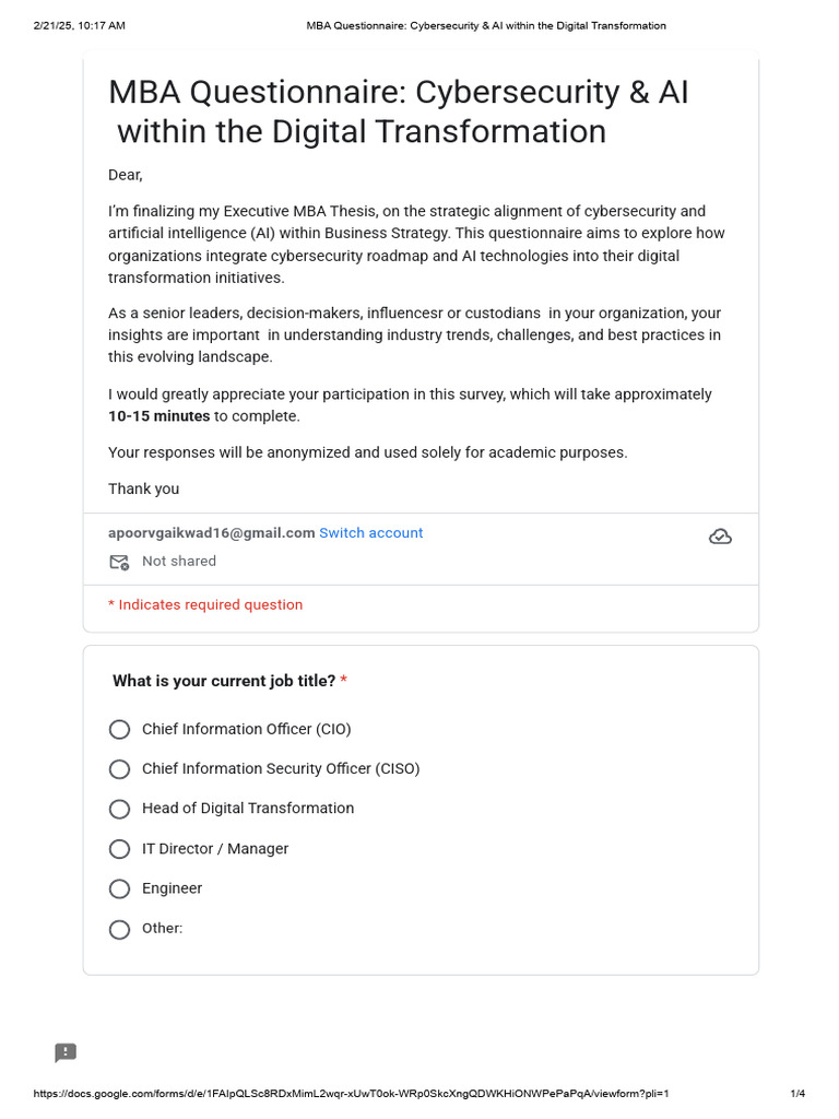 MBA Questionnaire - Cybersecurity & AI Within The Digital ...