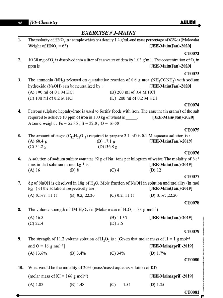 Concentration Terms JEE Mains Questions | PDF