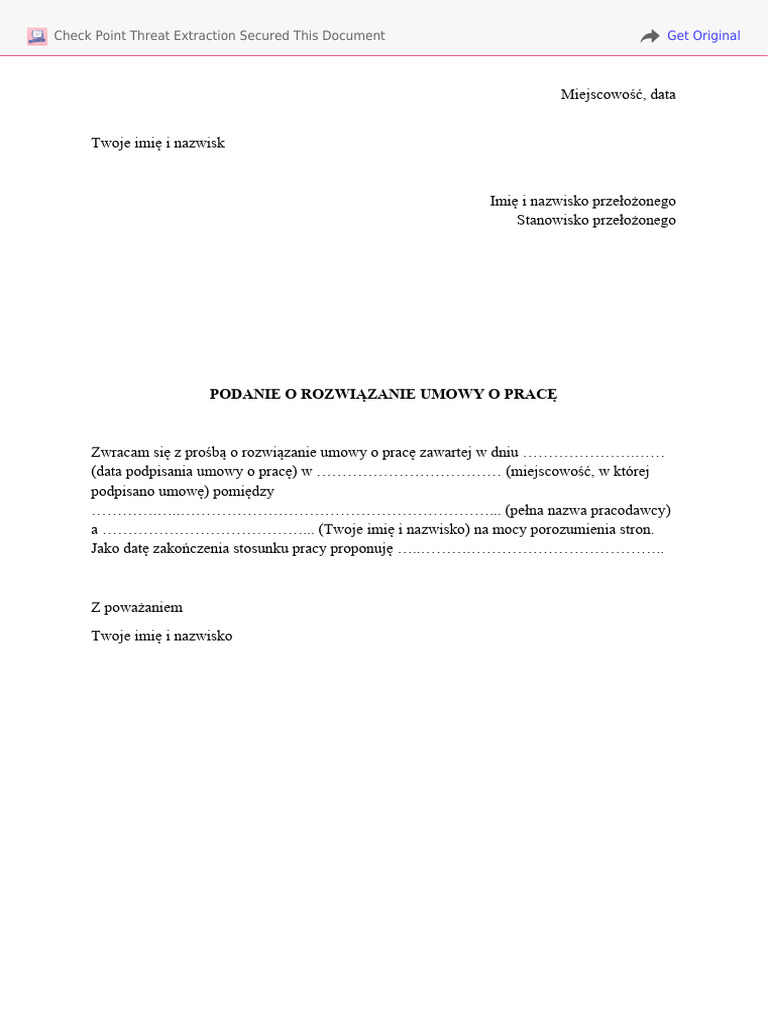 Podanie o Rozwiazanie Umowy o Prace Livecareer - Cleaned | PDF