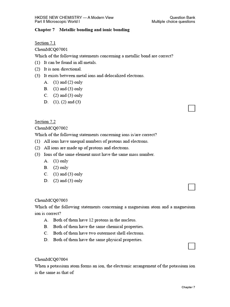 HKDSE Chemistry Question Bank: Bonds | PDF | Ion | Ionic Bonding