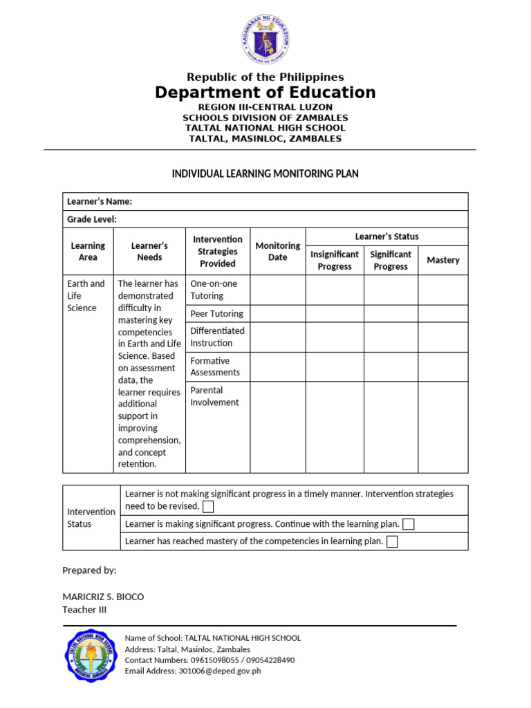 Individual Learning Monitoring Plan (Ilmp) | PDF