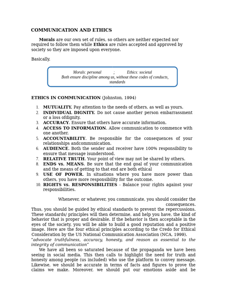 Purcom Lesson 2 Cont Communication Ethics | PDF | Communication | Social Psychology