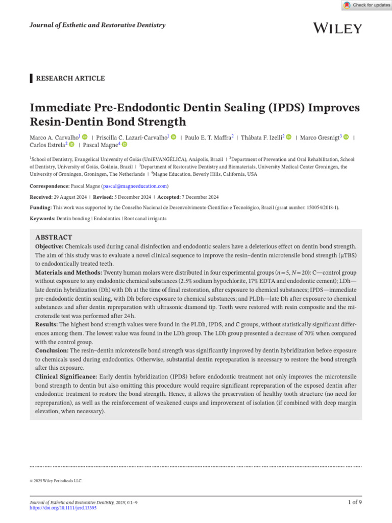 J Esthet Restor Dent - 2025 - Carvalho - Immediate Pre Endodontic Dentin Sealing IPDS Improves ...