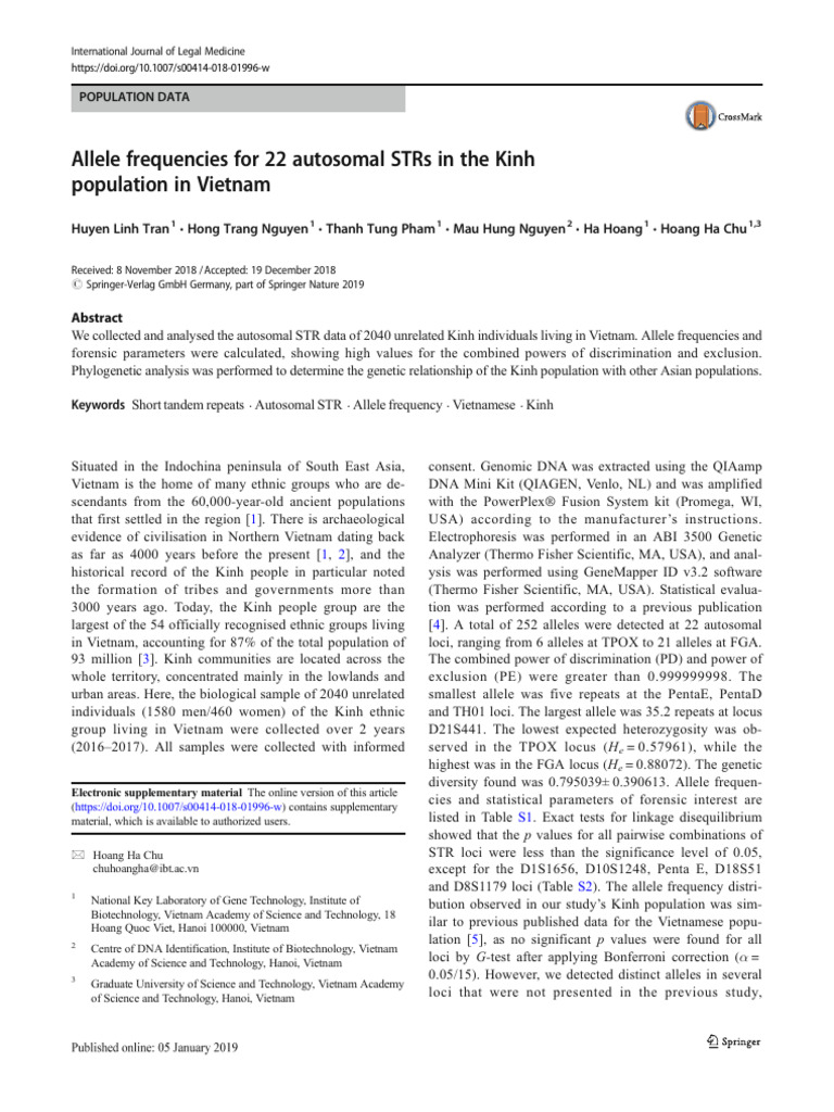 Allele frequencies for 22 autosomal STRs in the Kinh population in ...