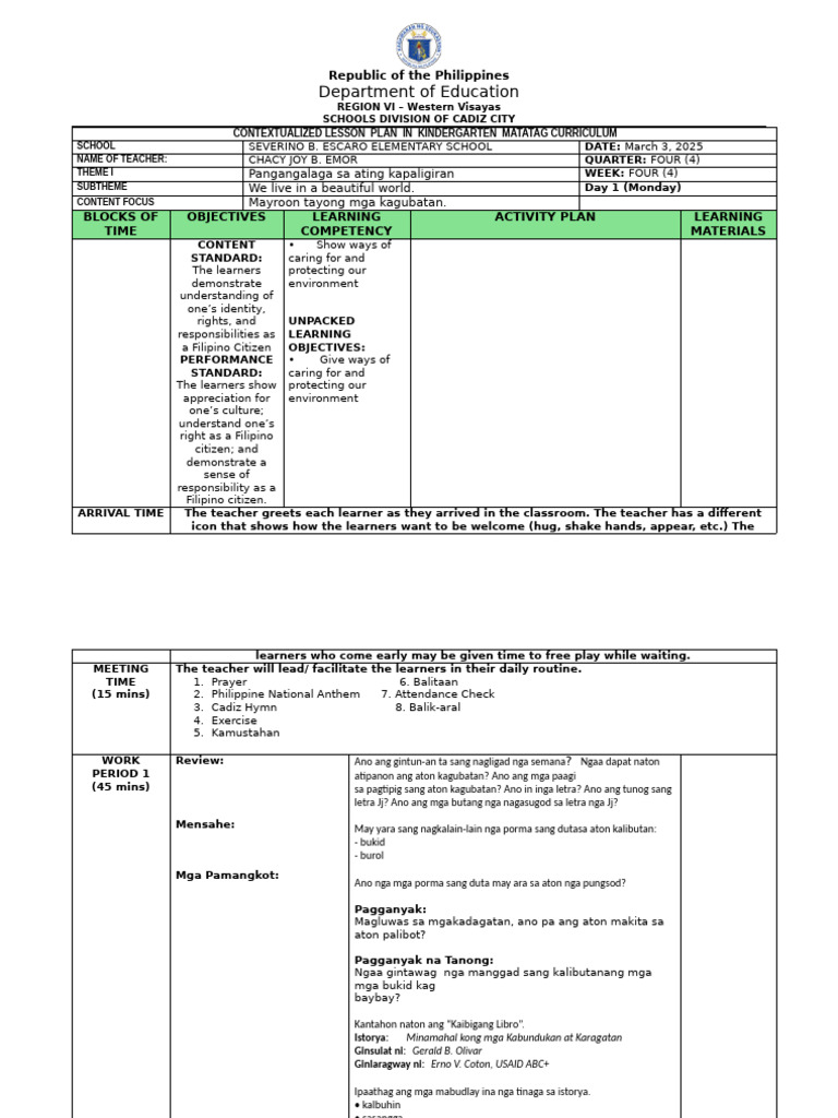 Contextualized Lesson Plan in Kindergarten Quarter 4 Week 3 Day 5 | PDF