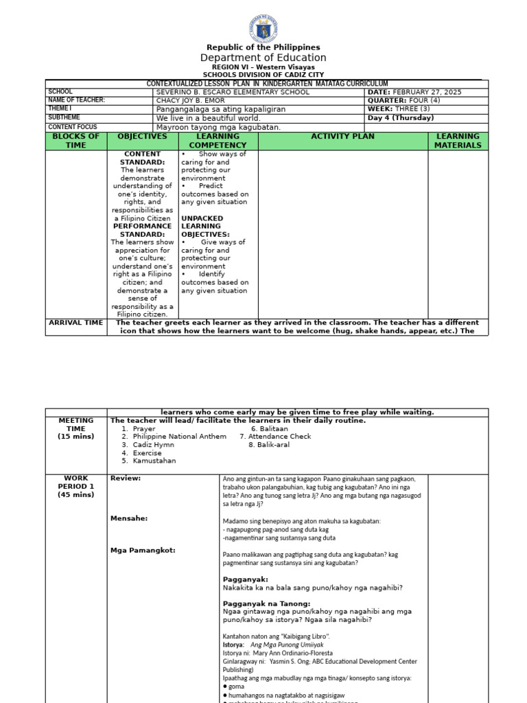 Contextualized Lesson Plan in Kindergarten Quarter 4 Week 3 Day 4 | PDF