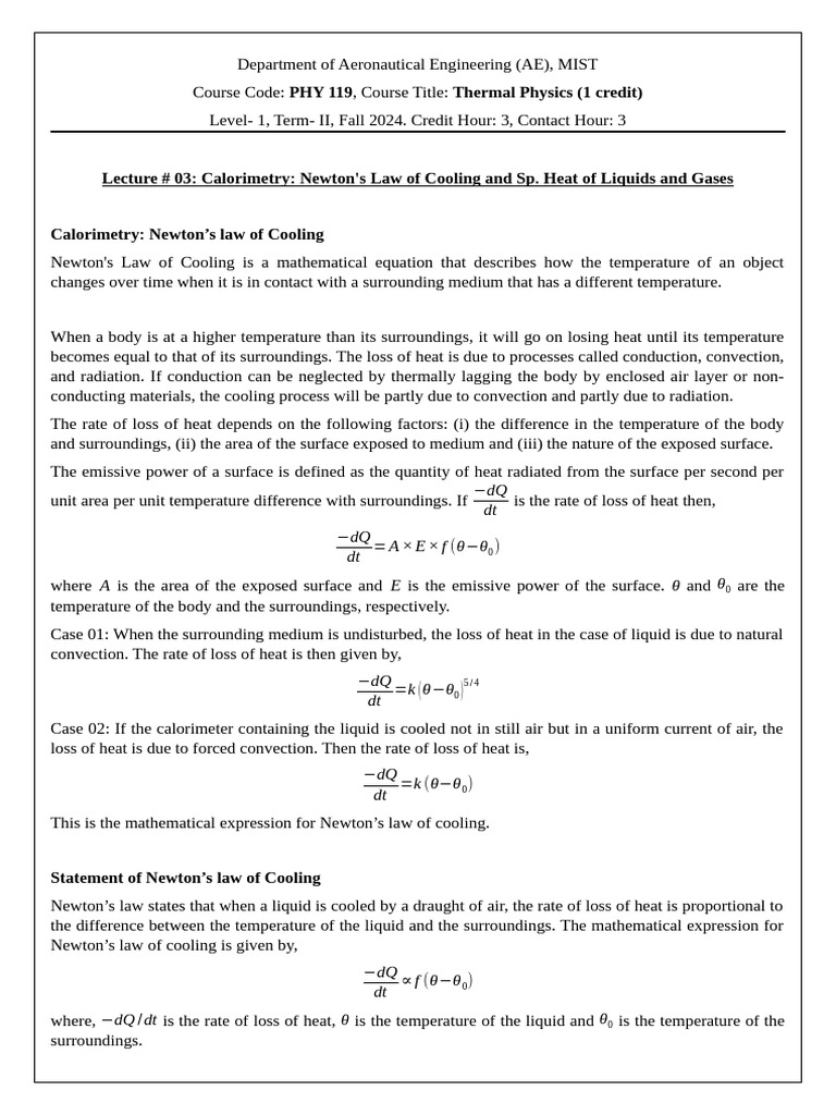 Calorimetry Newton's Law of Cooling and Specific Heat of Liquids. | PDF ...