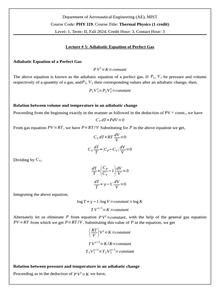 Adiabatic Processes in Thermal Physics | PDF | Gases | Mathematical Physics