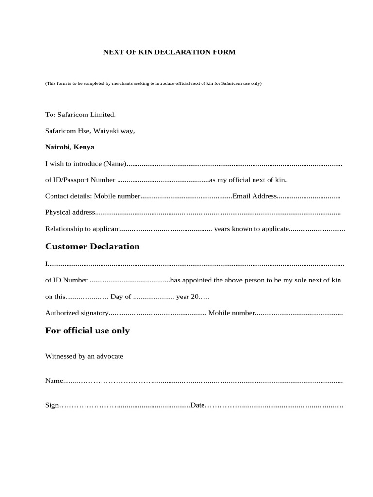Next of Kin Declaration Form for Safaricom | PDF