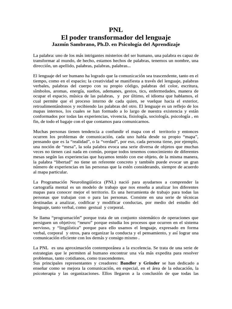 PNL Poder Transformador de La Palabra | PDF | Comunicación | Aprendizaje