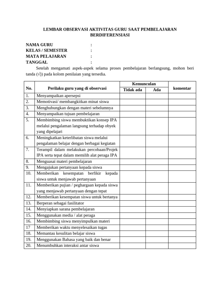 Lembar Observasi Aktivitas Guru | PDF